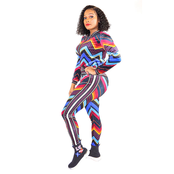 Jai Jai Velvet Black Red Multi Color Stripe Stretch Fit Tracksuit | $20 ...