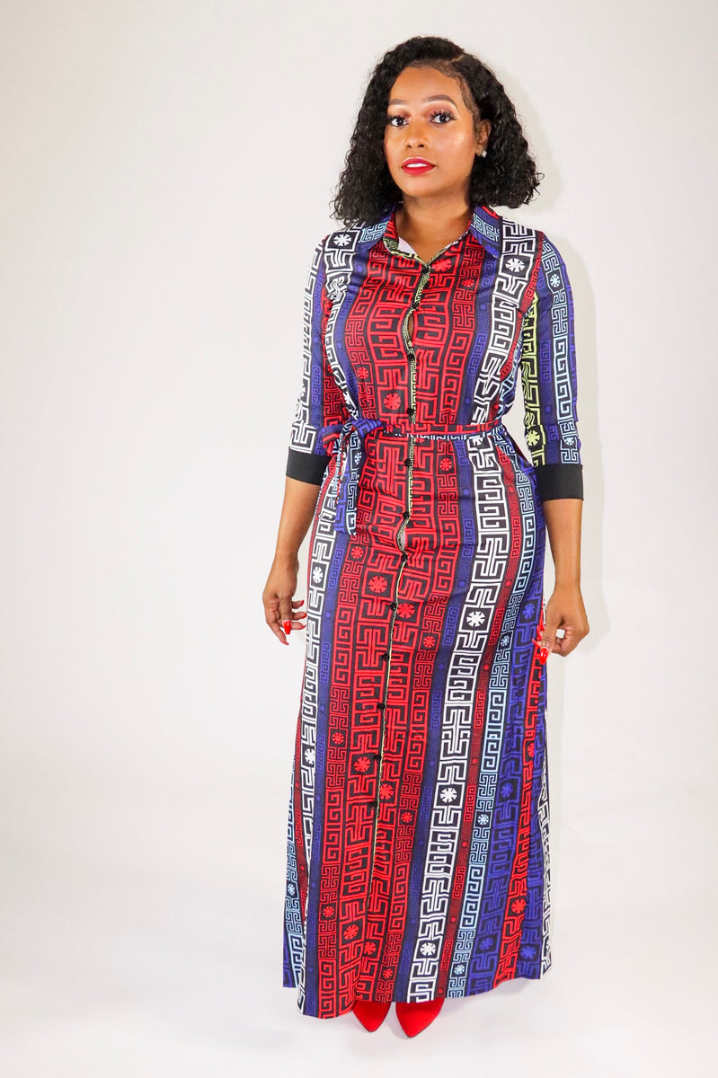 Fantasia Red Blue Multi Color Mixed Print Dress - A' La' Posh Clothing